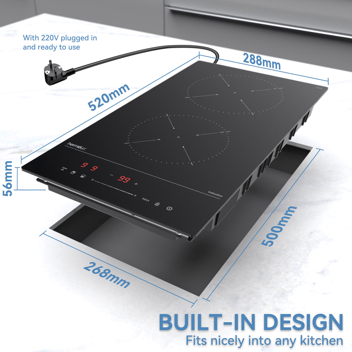 Hermitlux Induction Hob Built-in 29cm, Induction Hob with 9 Power Leve