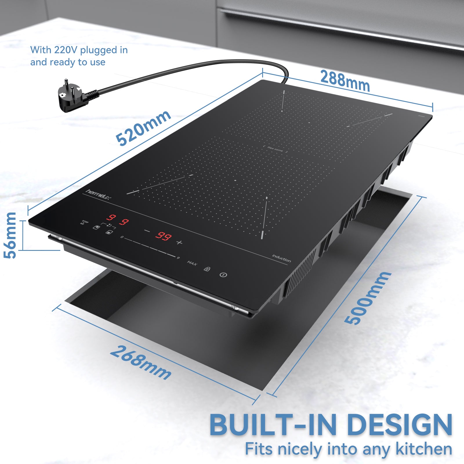 Hermitlux Induction Hob 2 Zones Built in Electric Hob with Flex Zone