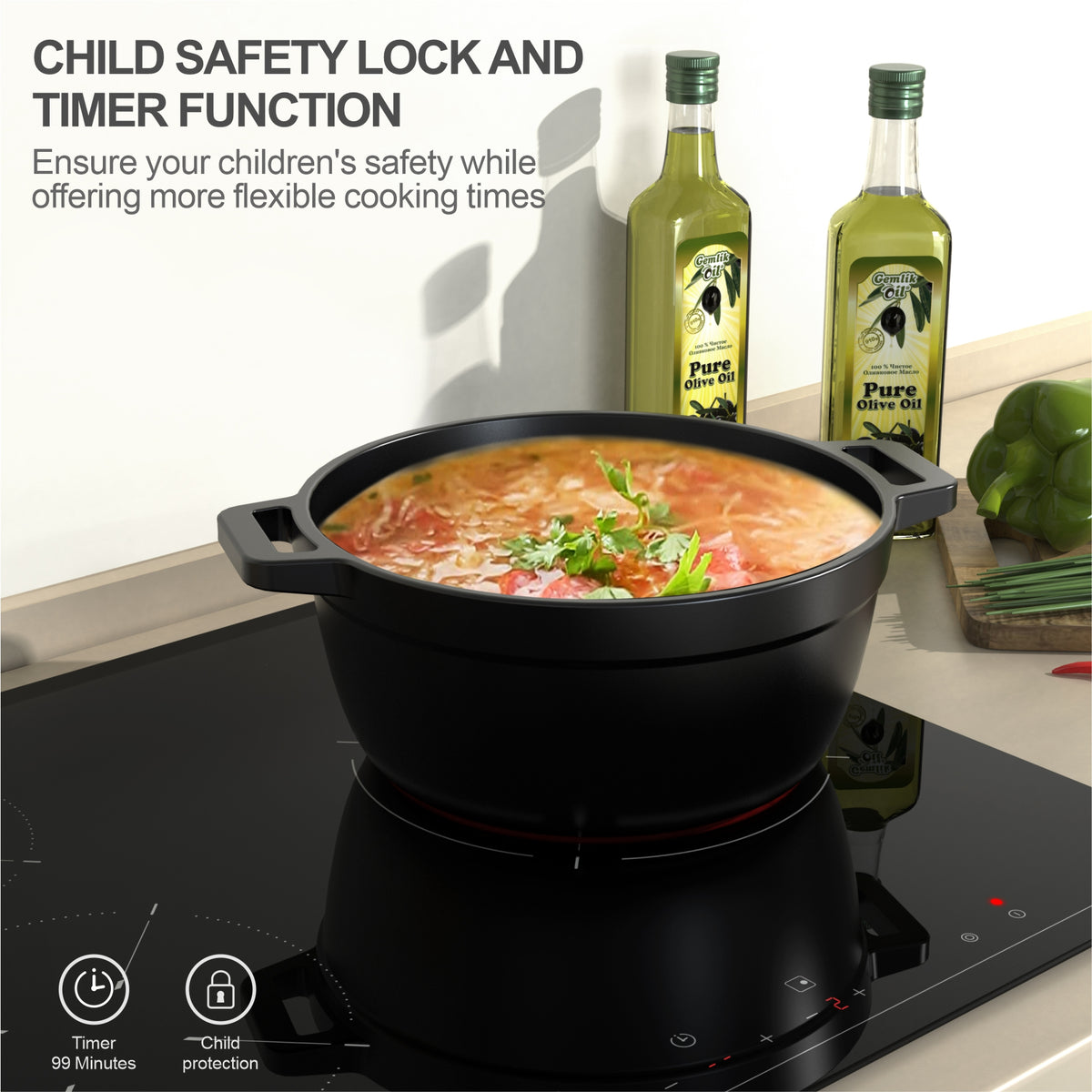 Hermitlux Ceramic Hob 3 Zones 60cm, Build-in Ceramic Hob with 9 Power